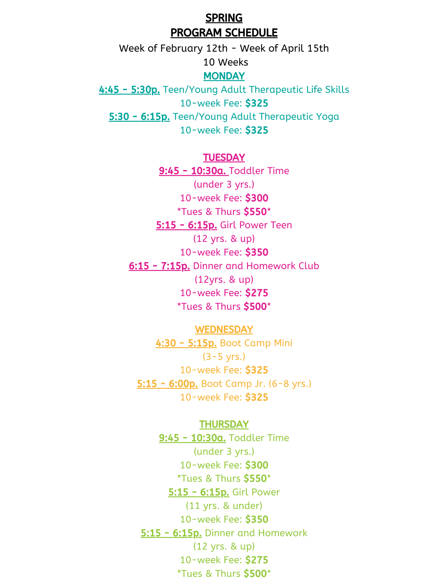 Program Session Schedule — Stretch Pediatric Therapy