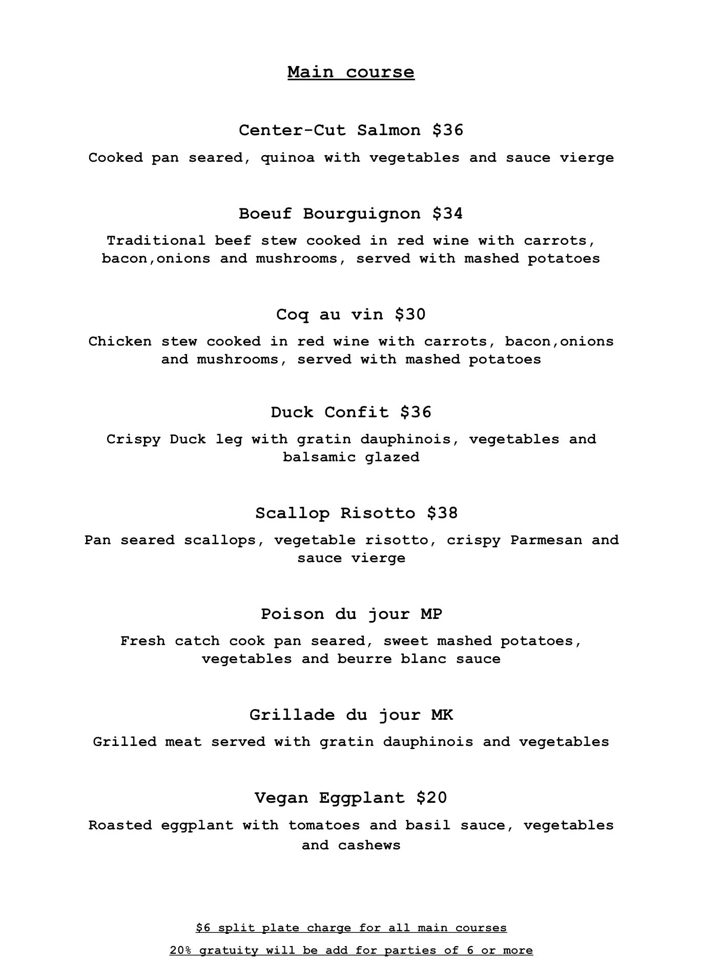 Dinner Menu — Le French Restaurant