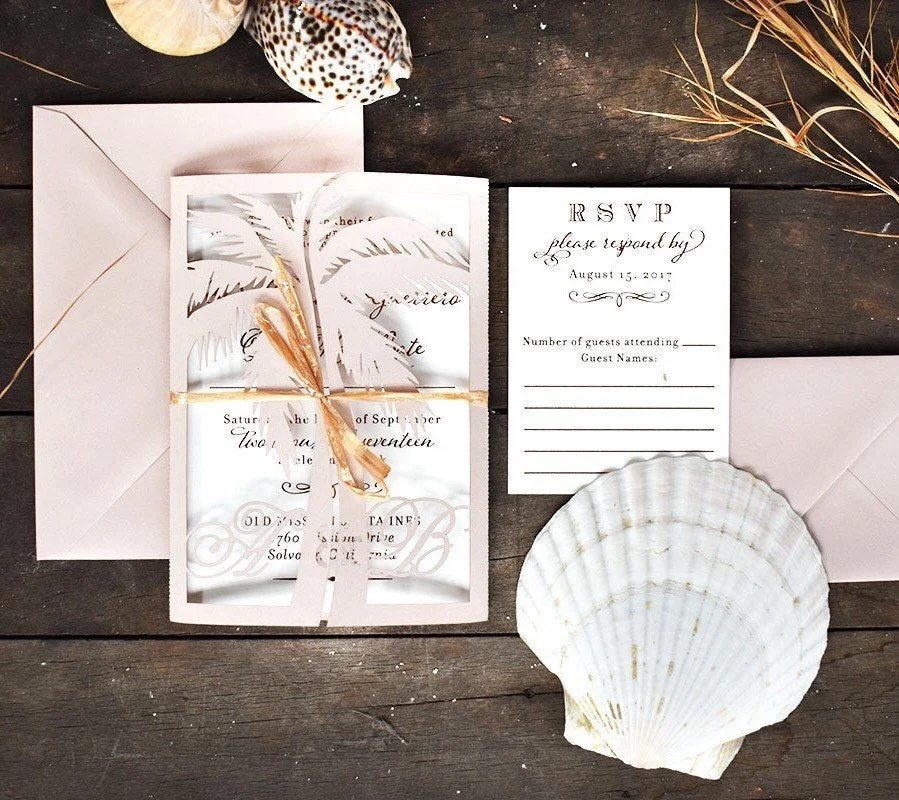 Laser Cut Palm Tree Monogram Wedding Invitation, Neutral Nude Light ...