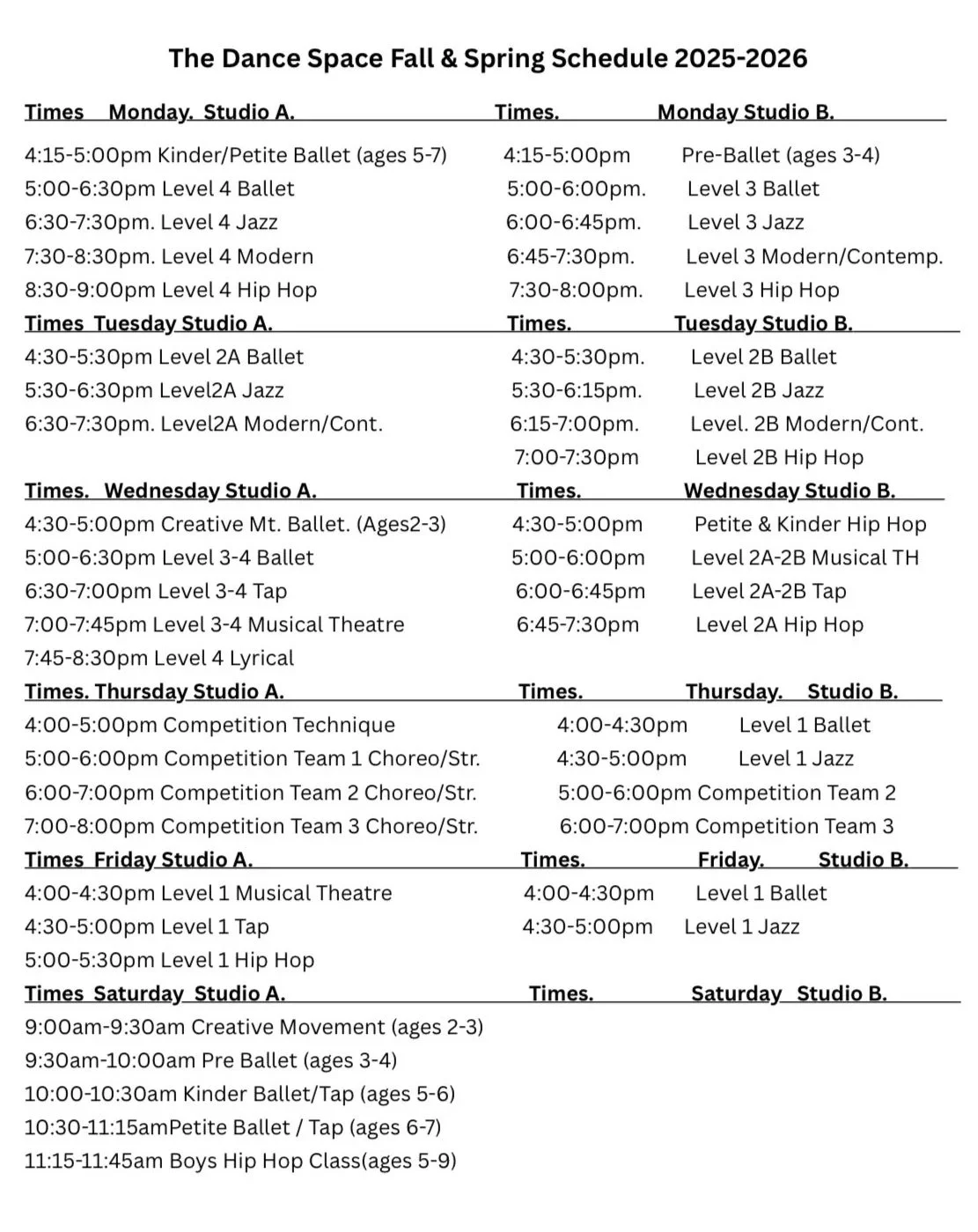 DANCE AND ACRO CLASS SCHEDULE — Champions for Life, Inc.