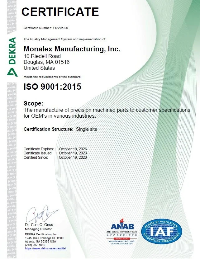 Certifications — Monalex Manufacturing | Machine Shop - Douglas, MA