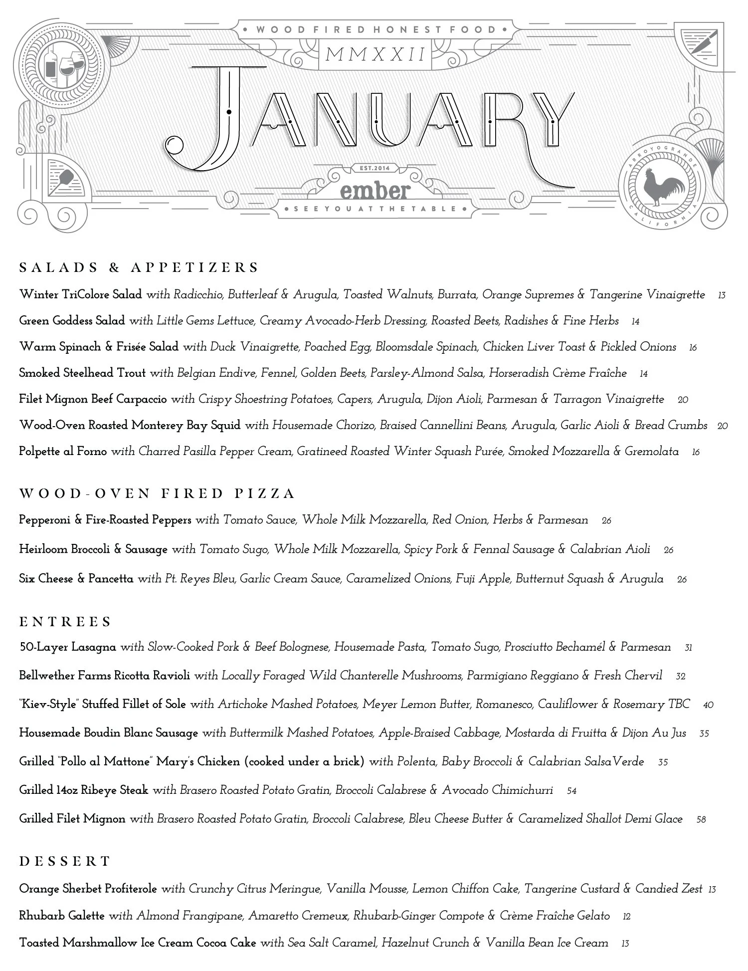 MENU — EMBER RESTAURANT ARROYO GRANDE FEATURING WOOD-FIRED, HONEST FOOD!