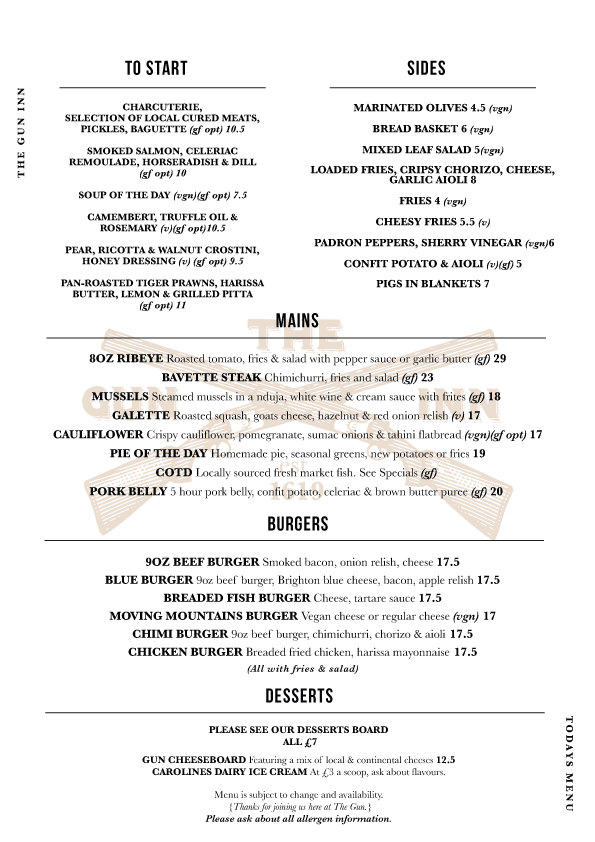 Menus & Opening times — The Gun Inn