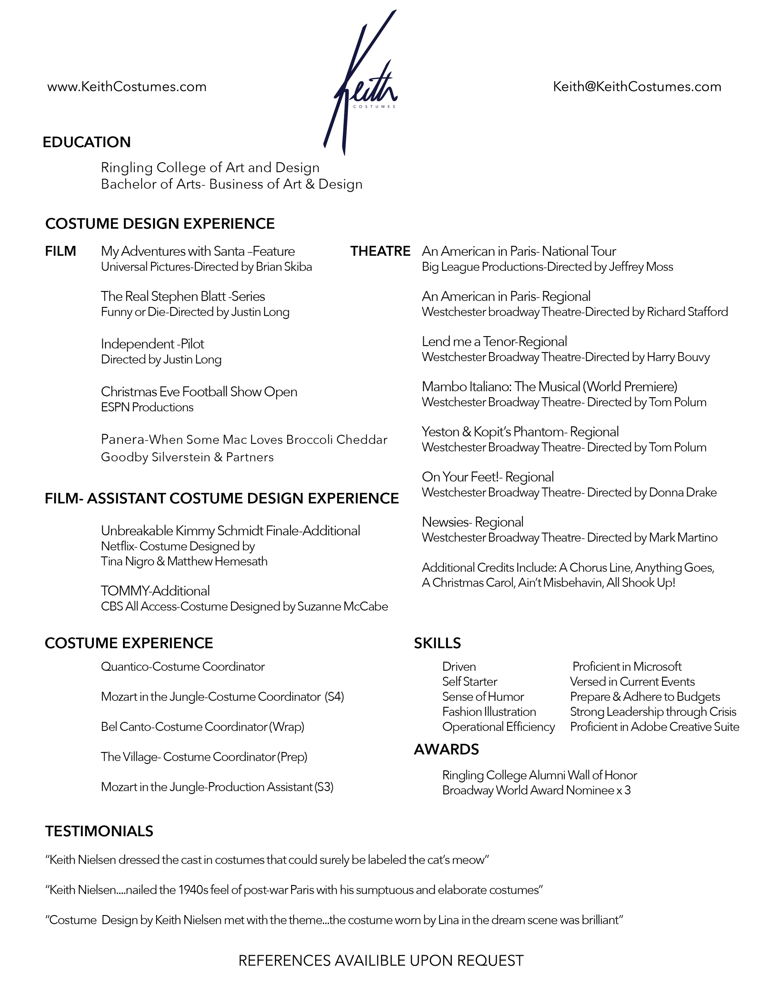 Resume. — Keith Costumes