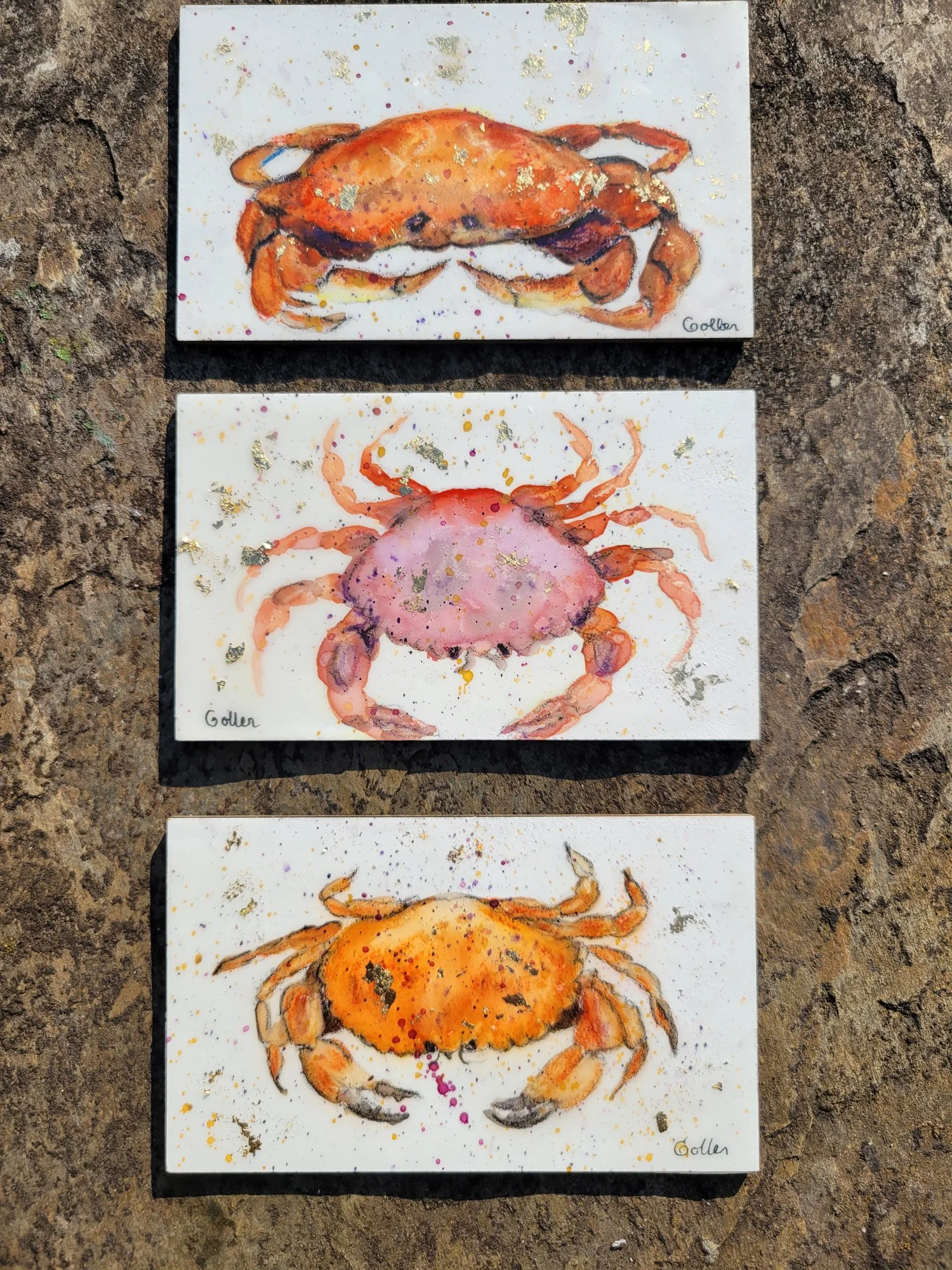 Original Crab Miniature Painting 3 x 4.75 - Encaustic/Watercolor/Gold ...