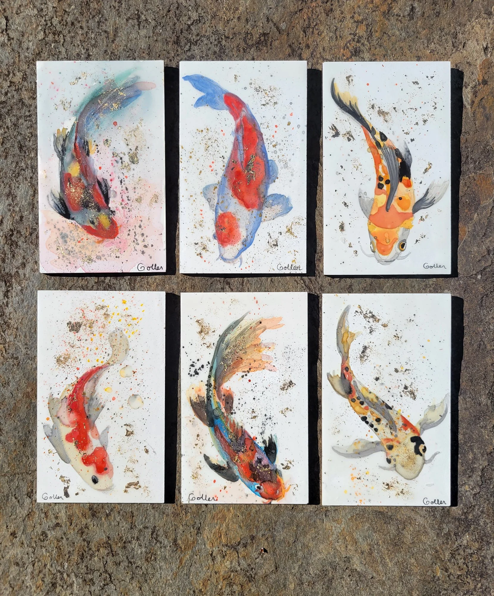 Original Koi Miniature Painting 3 x 4.75 - Encaustic/Watercolor/Gold ...
