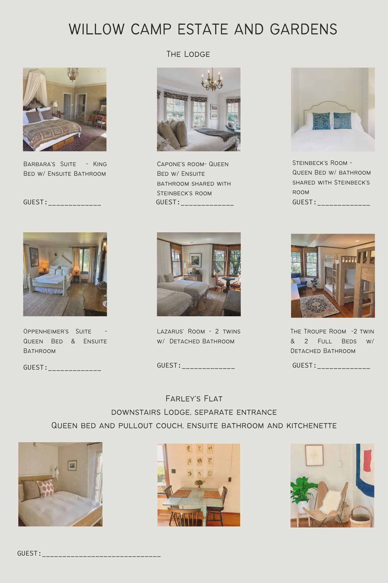 Willow Camp Estate and Gardens Sleep Chart — Willow Camp