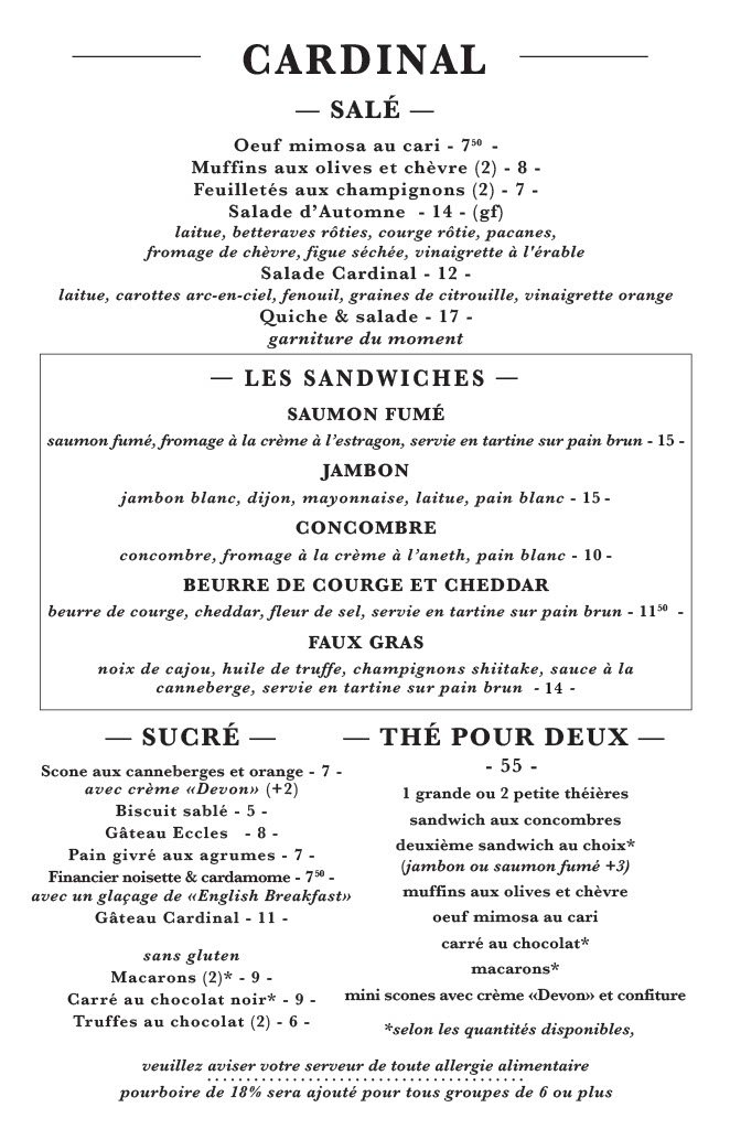 Menu Jour — Salon de thé Cardinal / Cardinal Tea Room