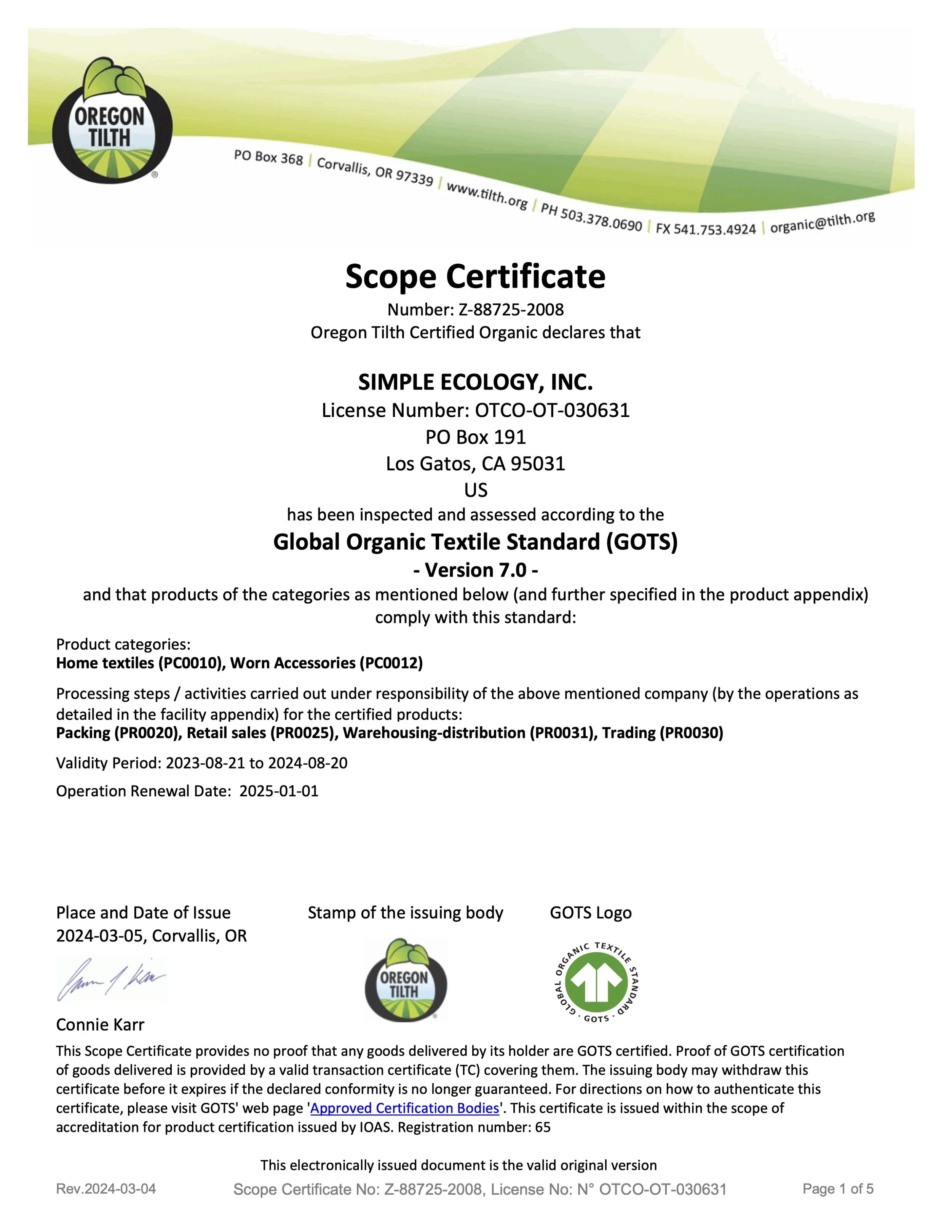 Simple Ecology's GOTS Certificate — Simple Ecology