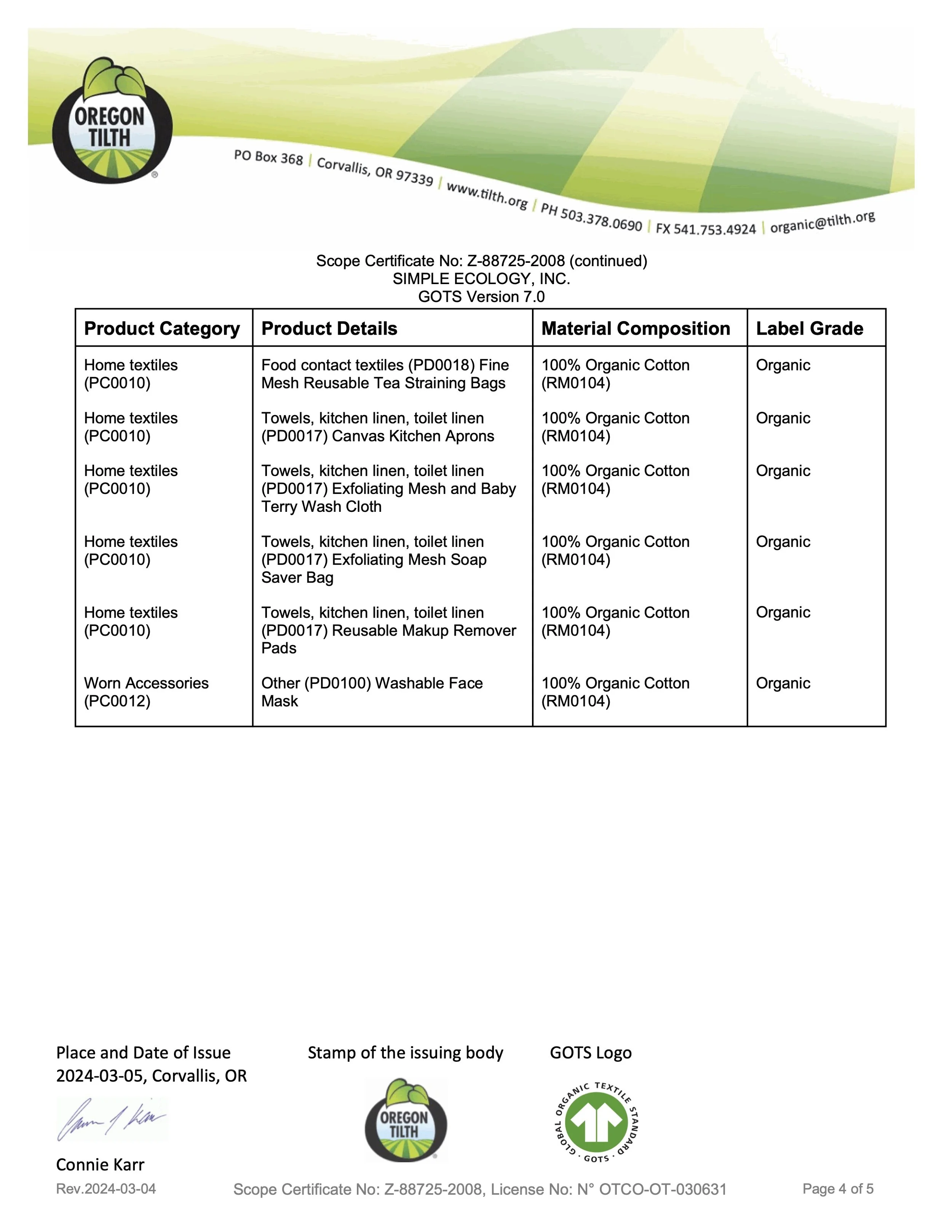Simple Ecology's GOTS Certificate — Simple Ecology