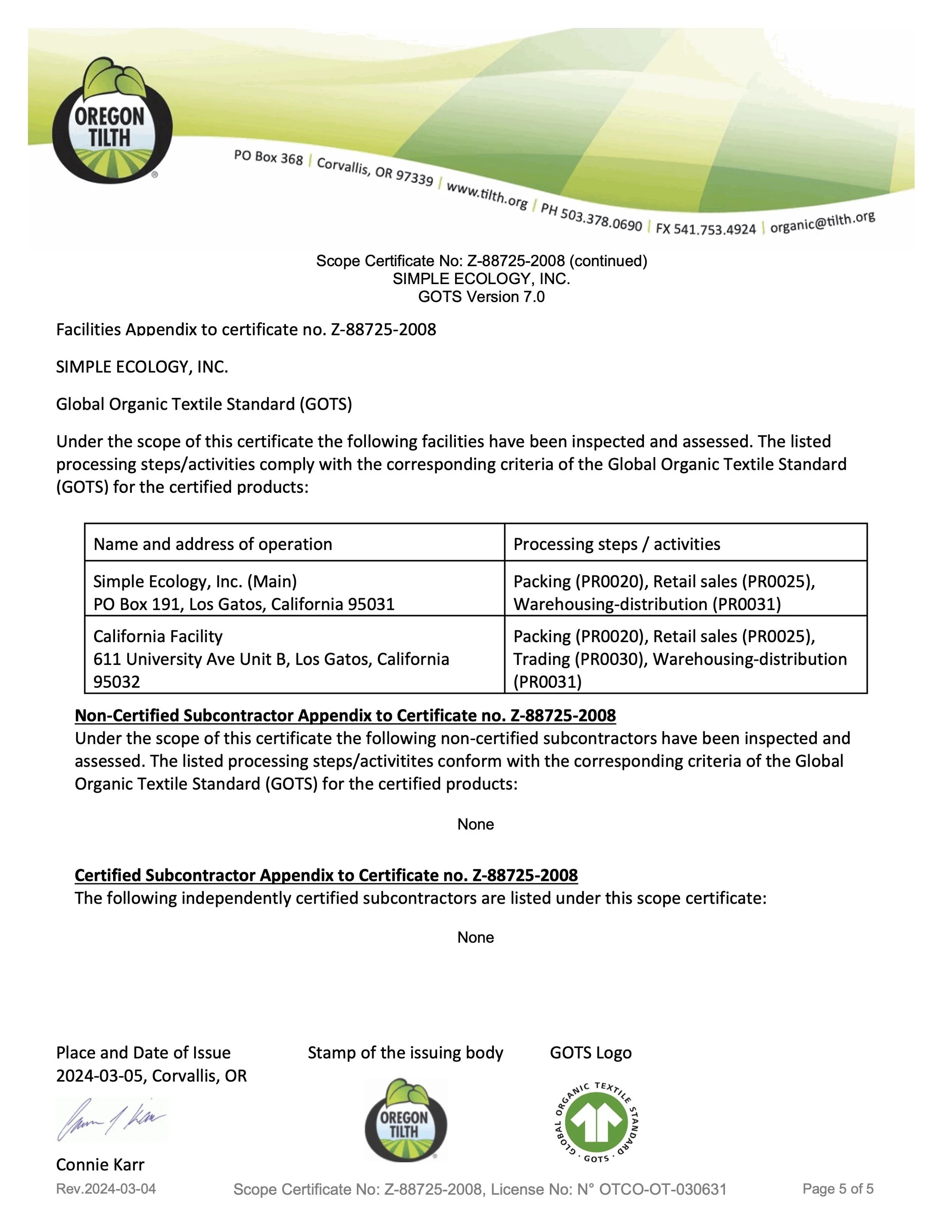 Simple Ecology's GOTS Certificate — Simple Ecology