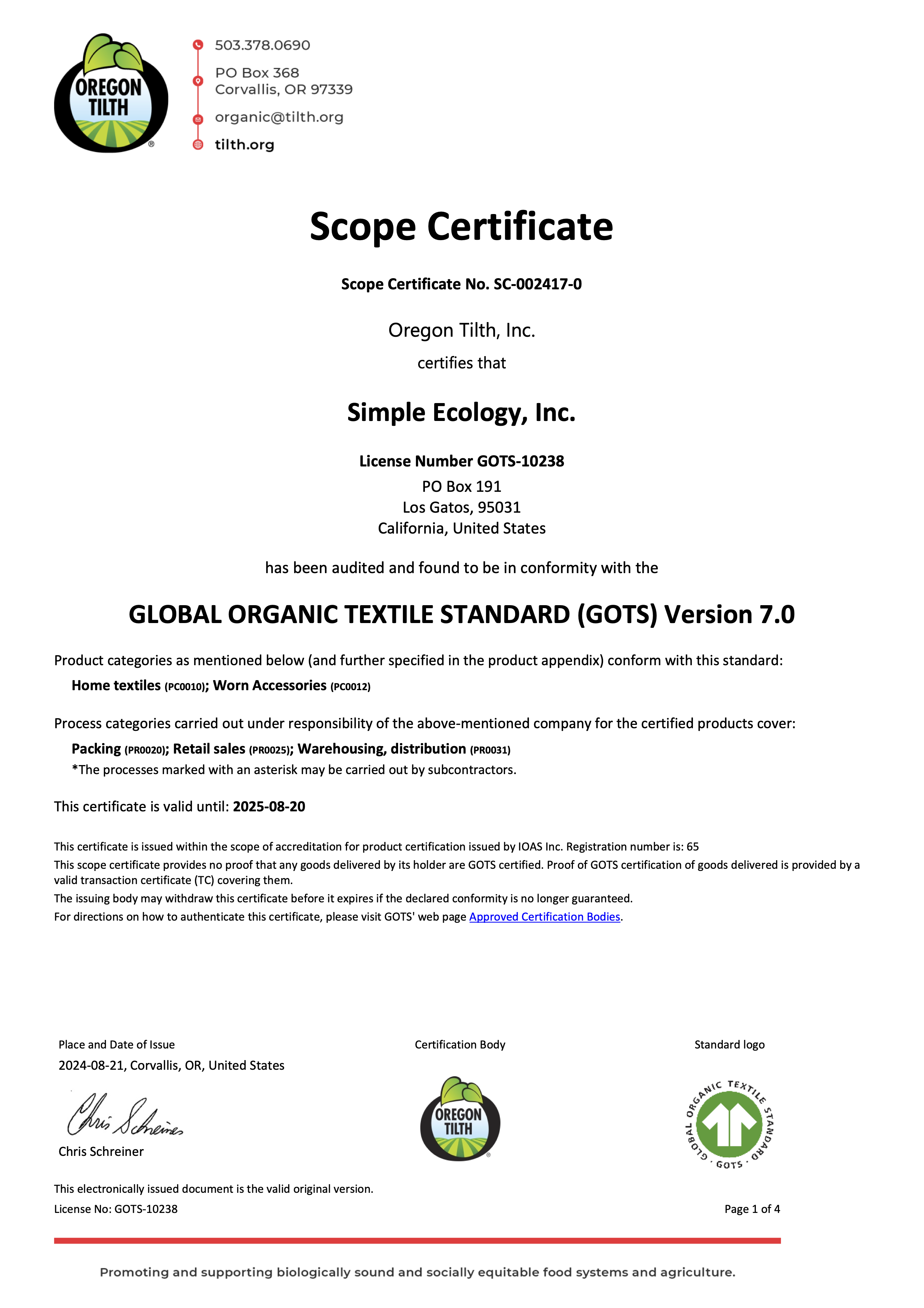 Simple Ecology's GOTS Certificate — Simple Ecology