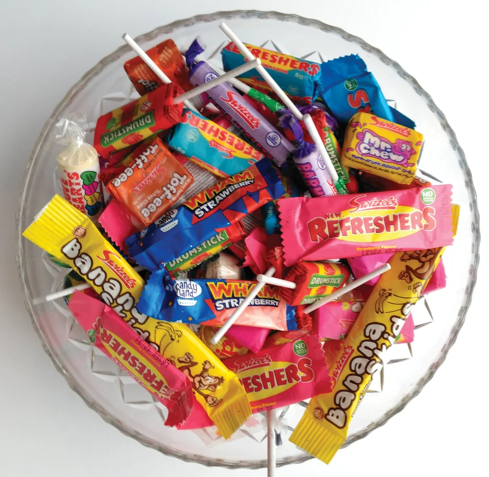 An "iconic album cover" themed buffet table.