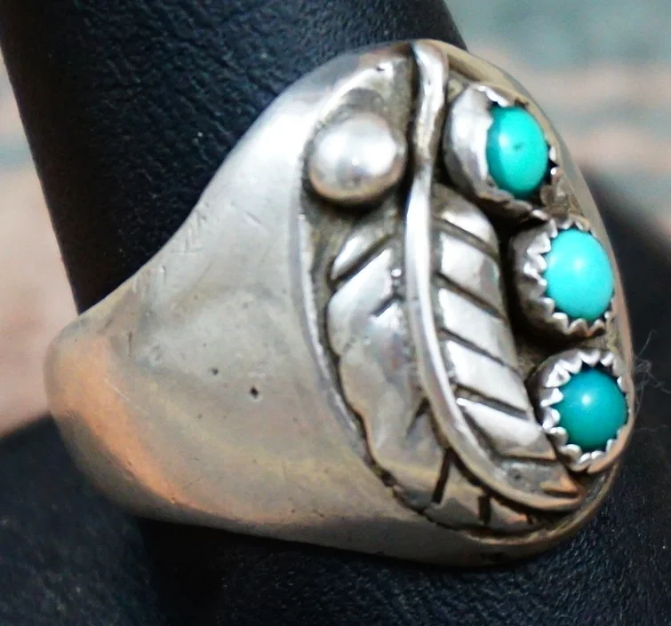 Item # 317B-Heavy Vintage Navajo Double Turquoise Leaf Cast Ring Sz 10 ...