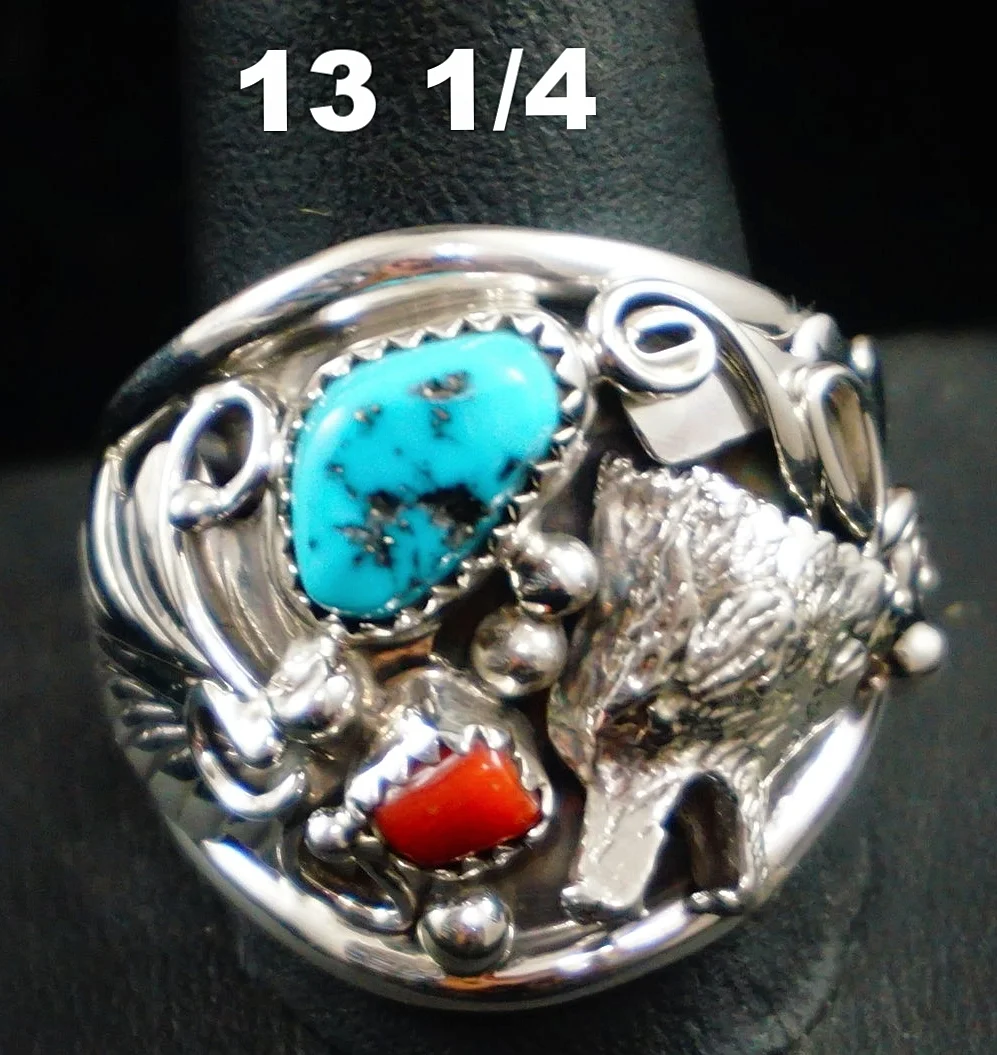 Men's Navajo Turquoise Coral Wolf Silver Rings Jeanette Saunders —Men's ...