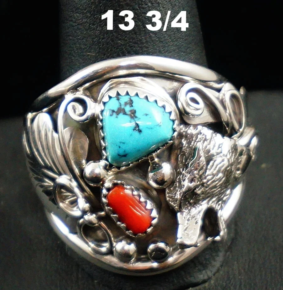 Men's Navajo Turquoise Coral Wolf Silver Rings Jeanette Saunders —Men's ...