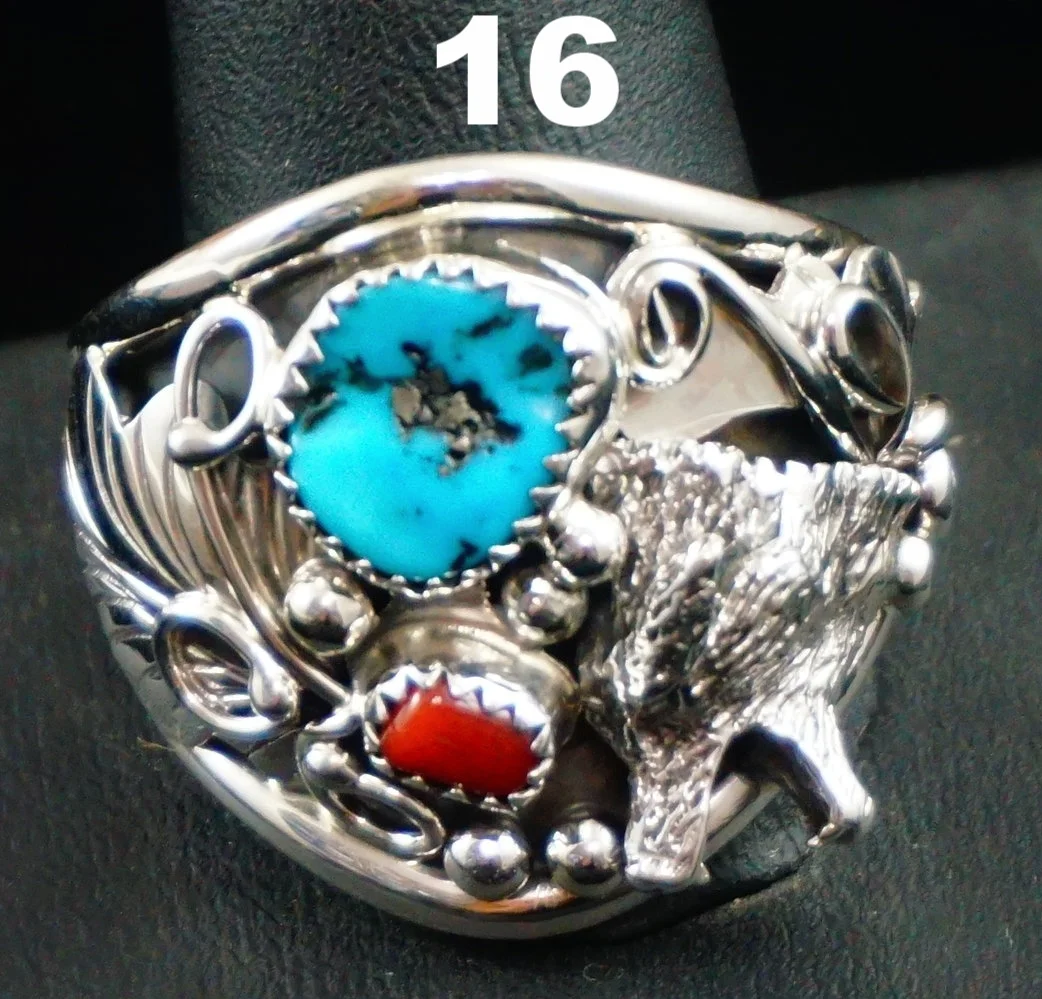 Men's Navajo Turquoise Coral Wolf Silver Rings Jeanette Saunders —Men's ...