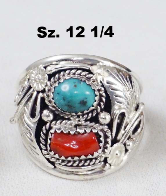 Item #858B- Men's Navajo Turquoise Coral 3-D Silver Wolf Leaves Ring by ...