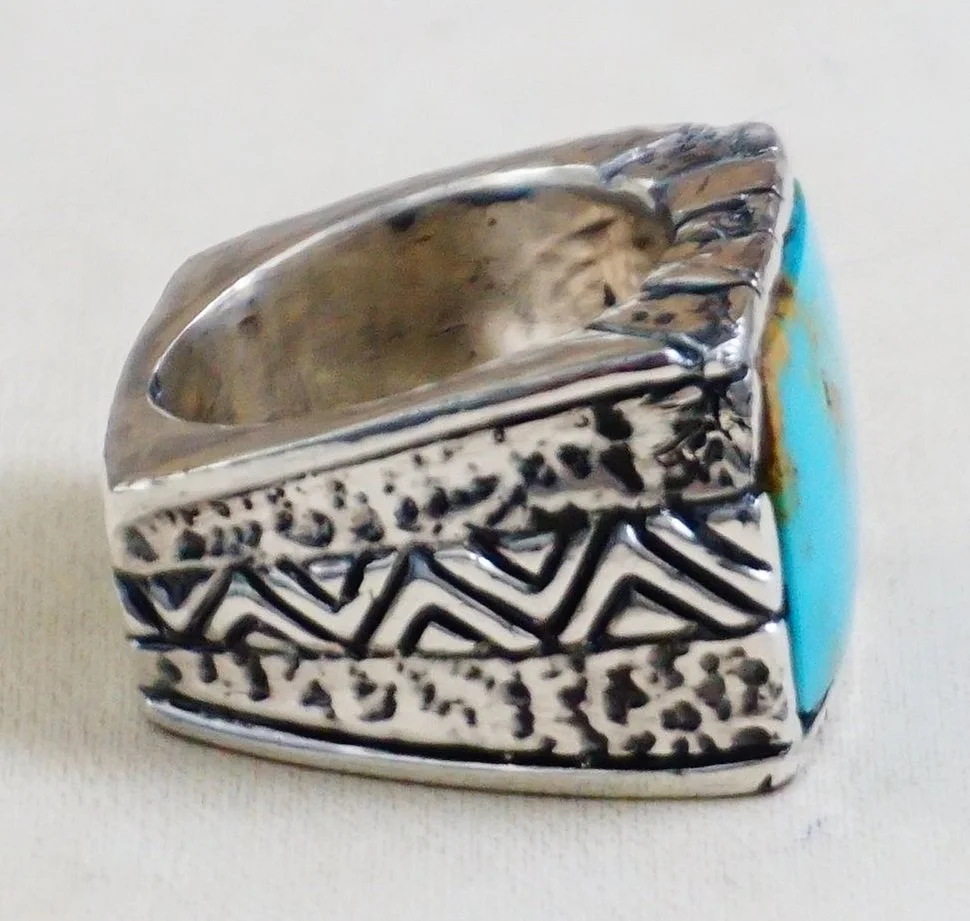 Item #1030A- Men's Heavy Cherokee Rectangle Turquoise Zig Zag Stamped Craters Sterling Silver ...