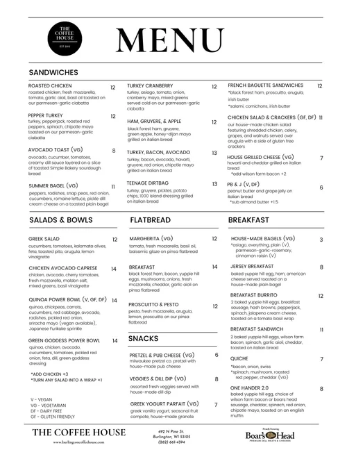 Menu — The Coffee House at Chestnut & Pine