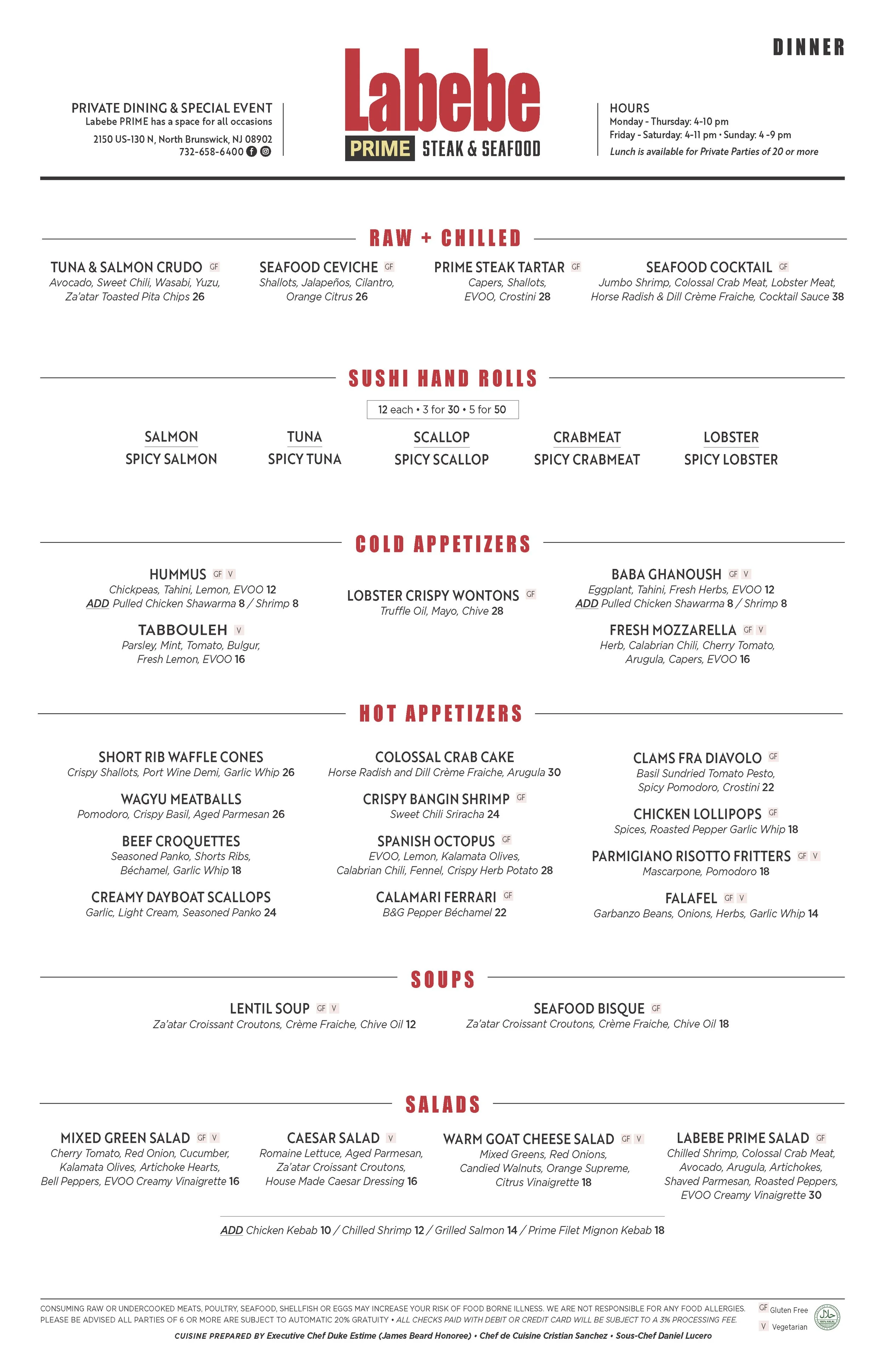DINNER Menu — Labebe Prime