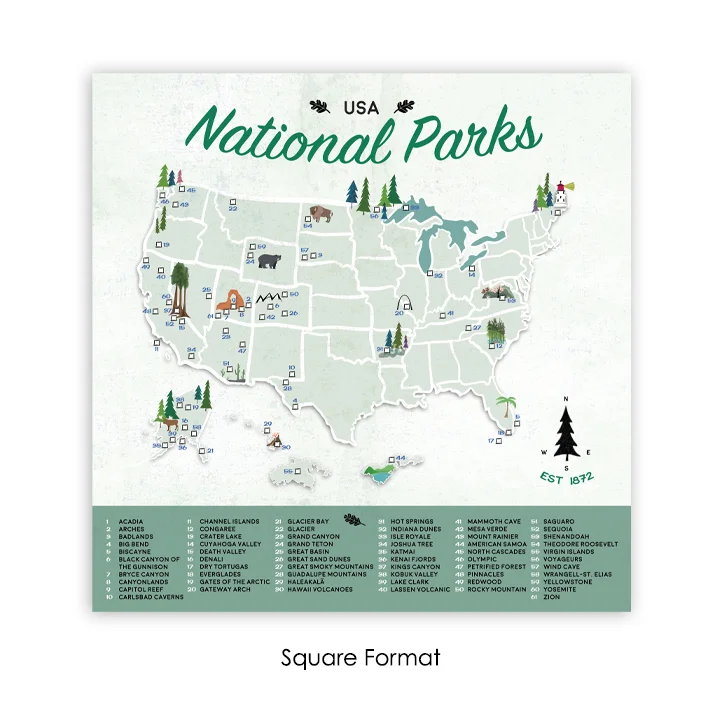 National Park Map Checklist Poster All 63 Parks Map Art, 51% OFF