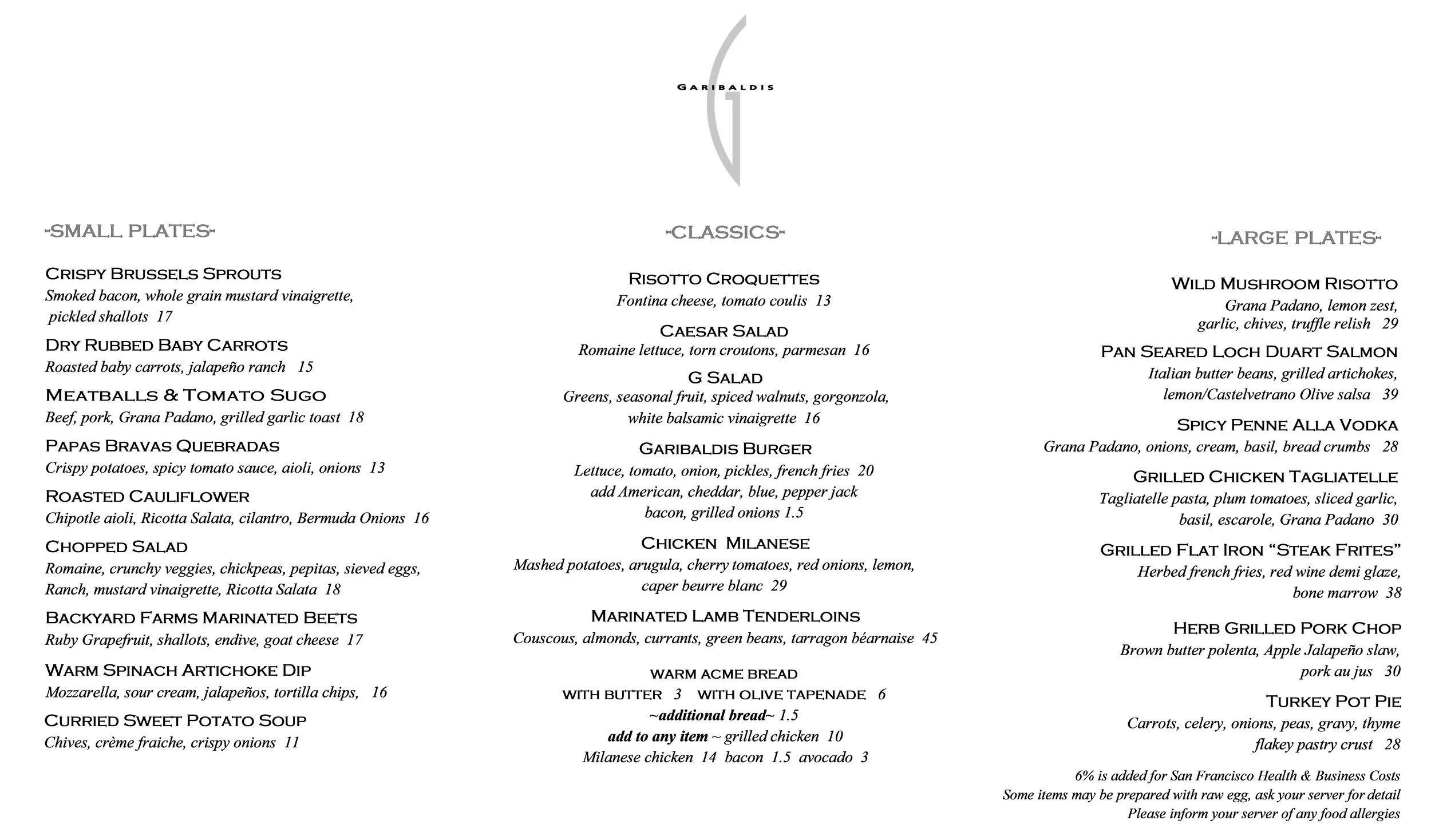 DINNER & DRINKS — GARIBALDIS