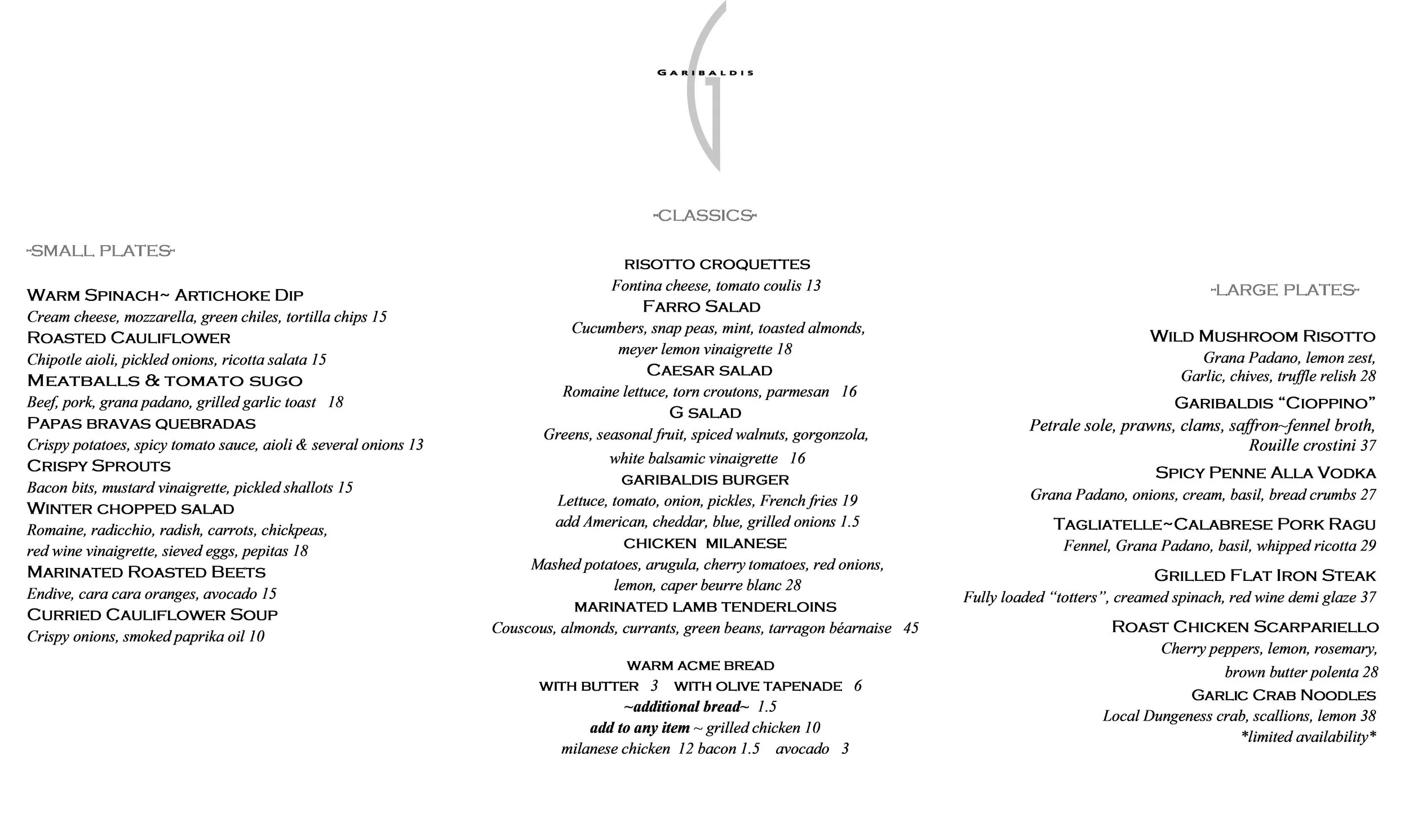 DINNER & DRINKS — GARIBALDIS