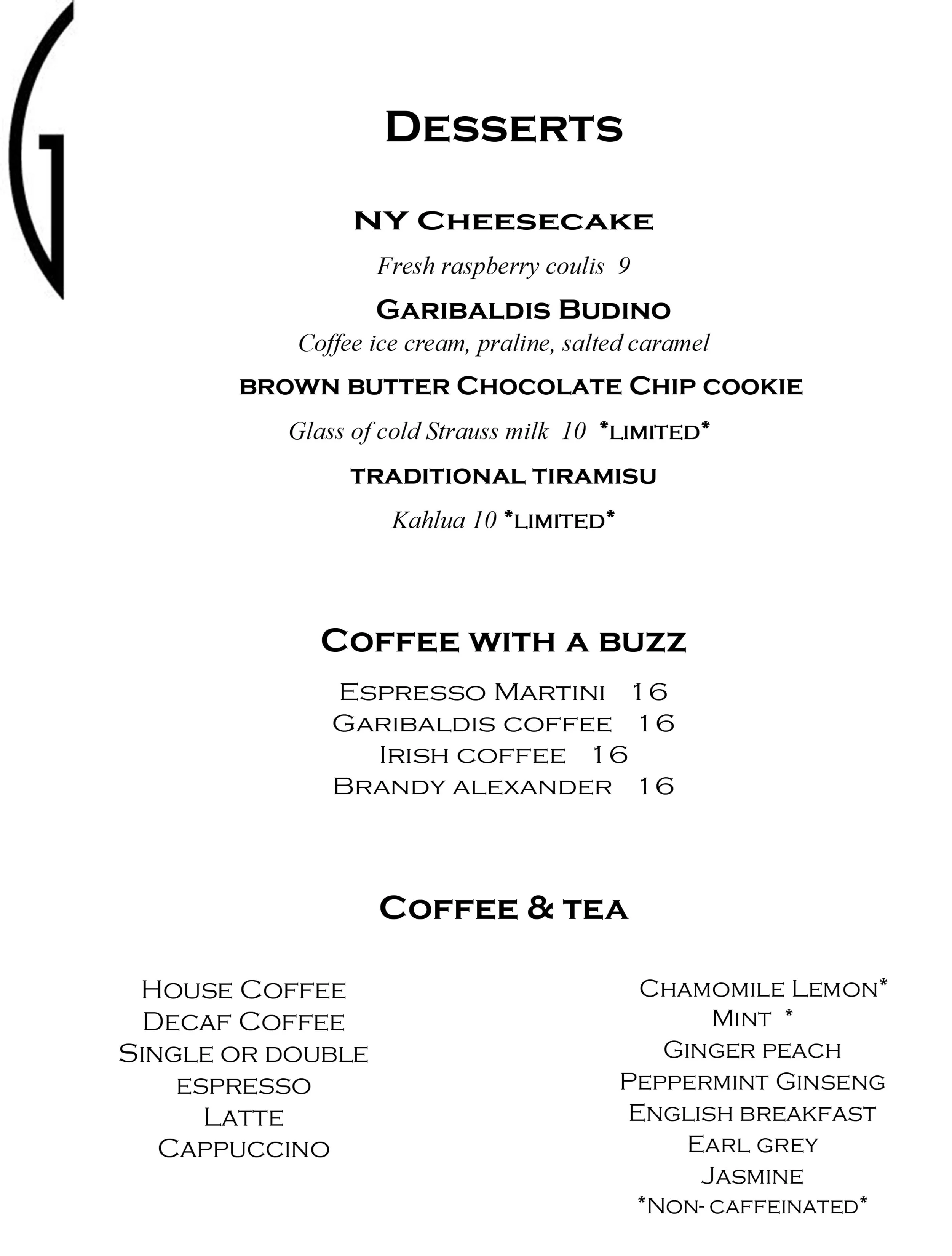 DINNER & DRINKS — GARIBALDIS