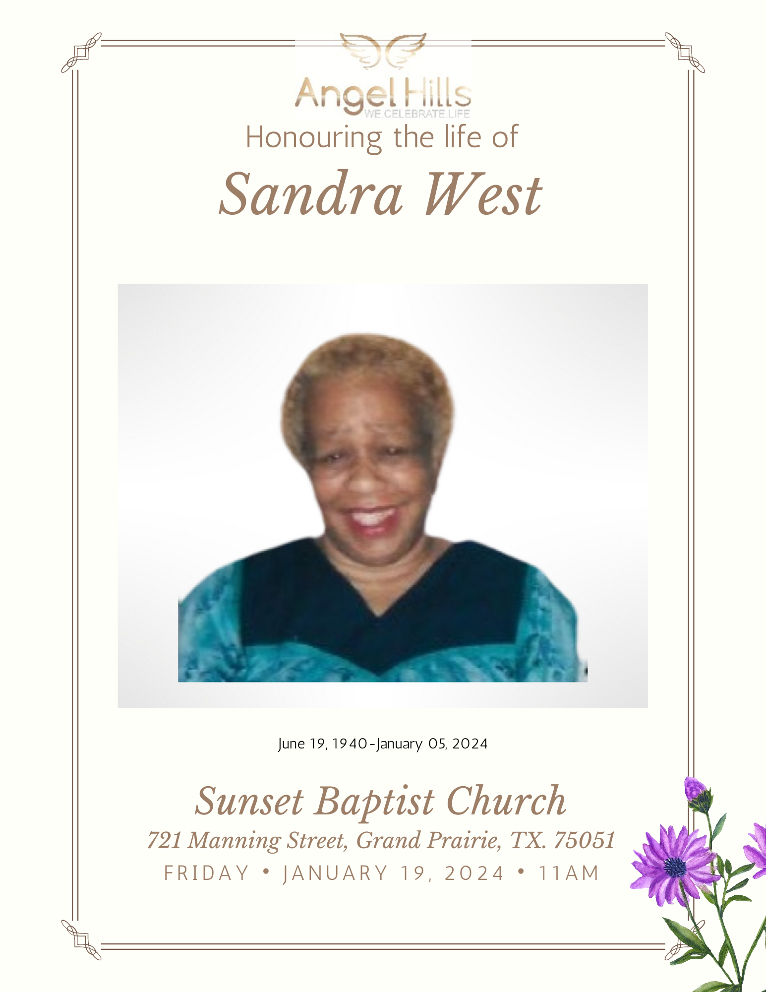 In Loving Memory of Ms. Sandra West — Angel Hills