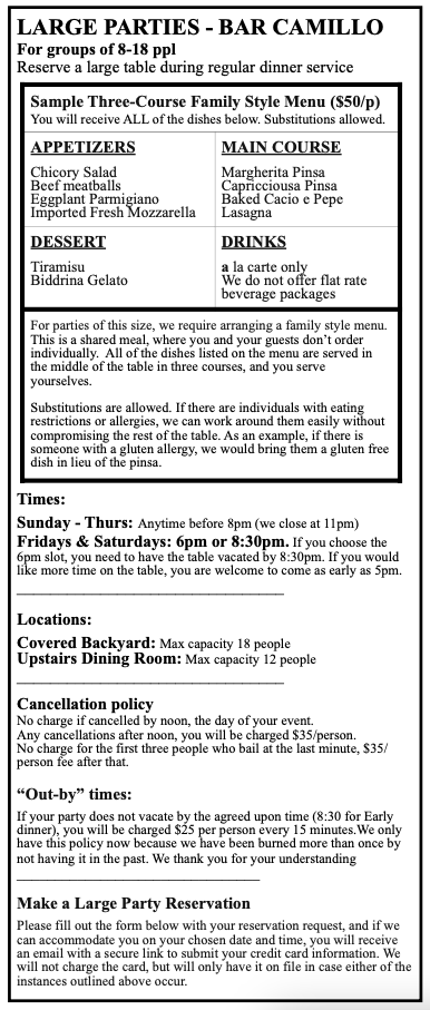 BC Large Party Reservation — Locanda vini e olii