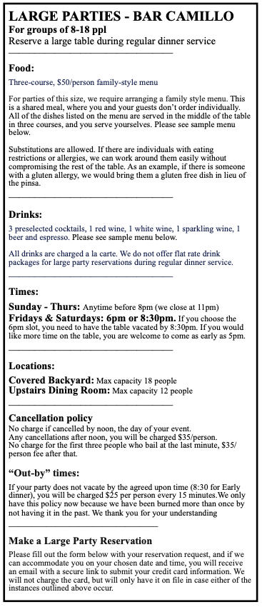 BC Large Party Reservation — Locanda vini e olii