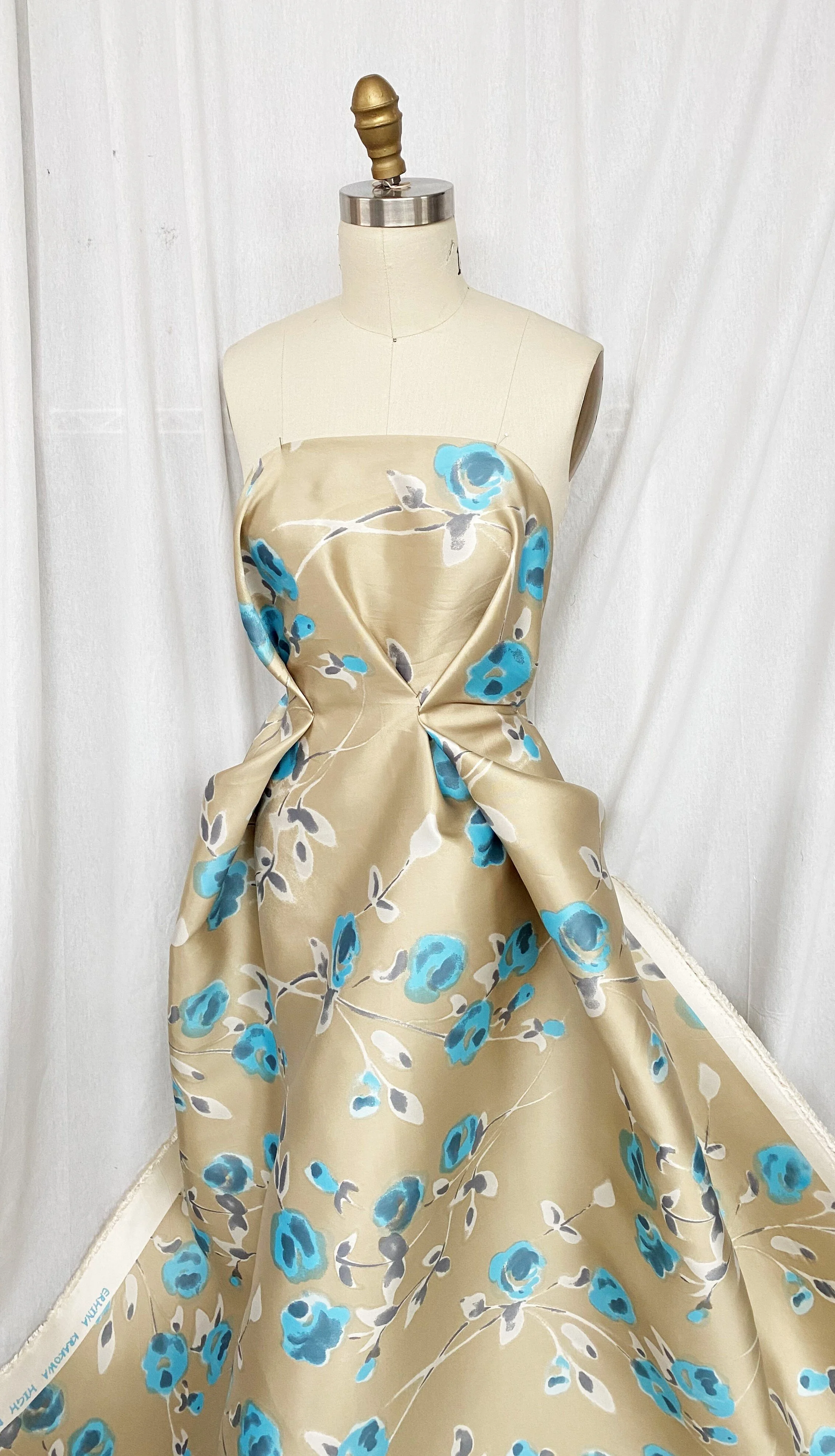 Beige/Blue/Gray Printed Silk Mikado — Mendel Goldberg Fabrics NYC