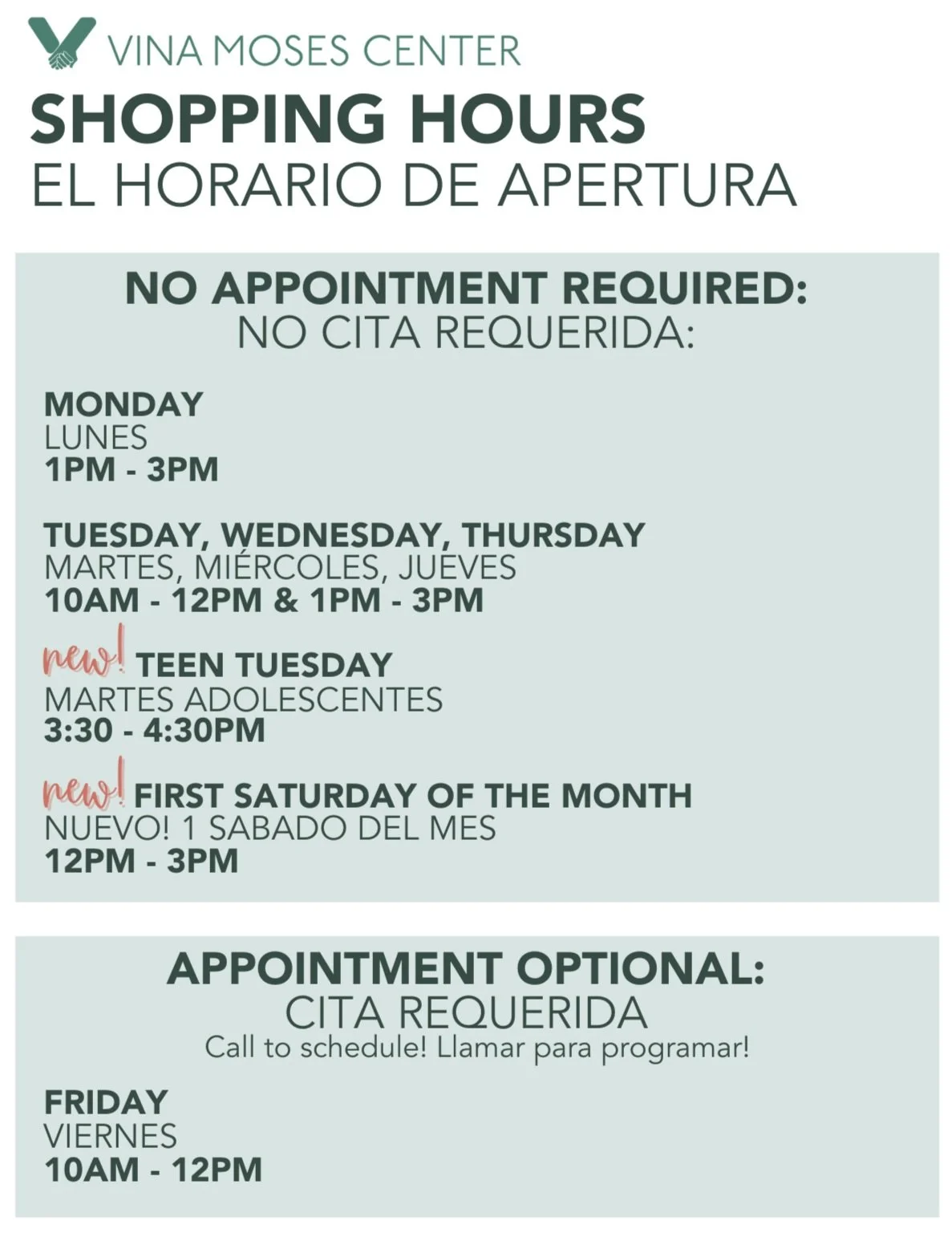 Center Reopens for Regular Shopping Hours — Vina Moses Center