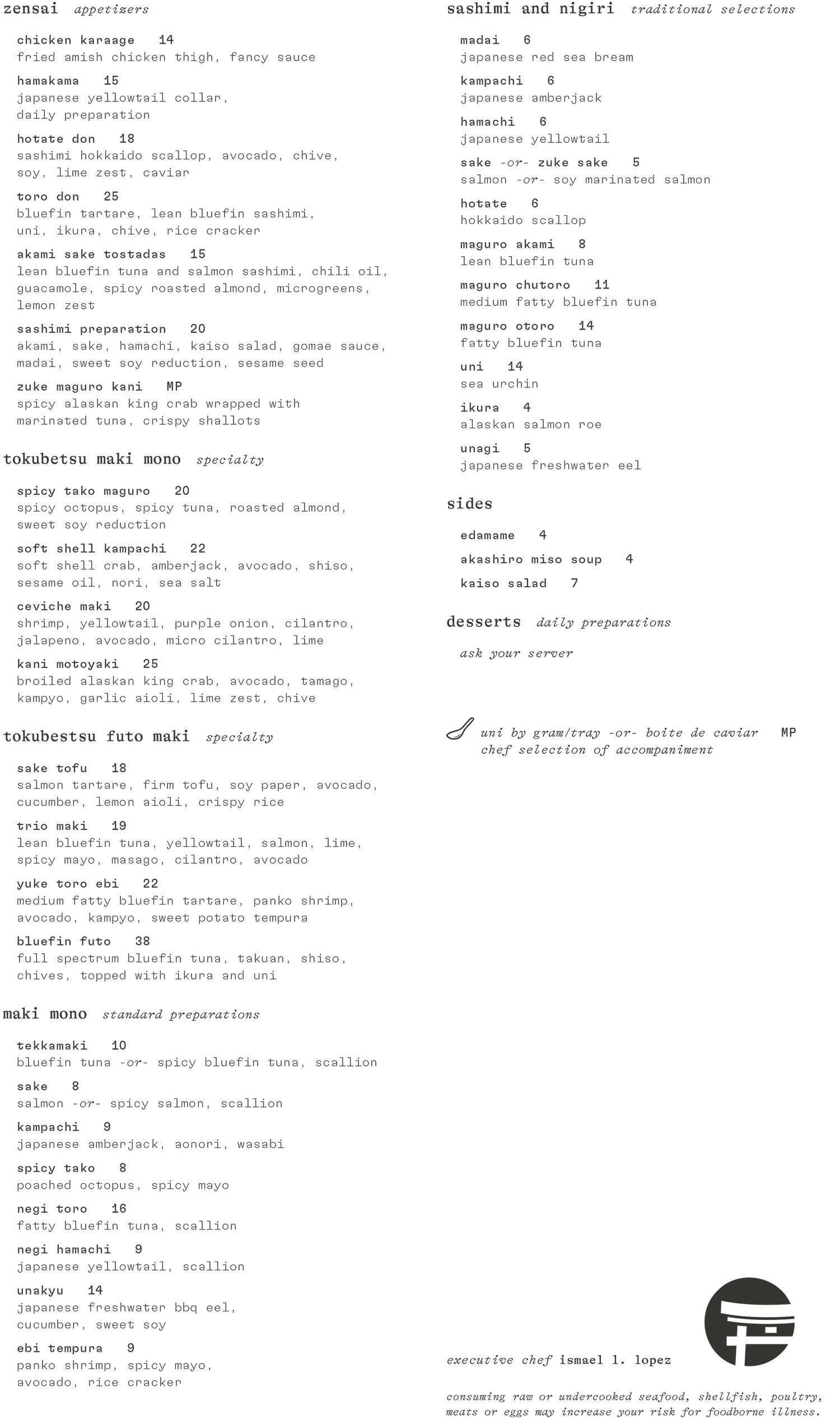 DINE IN MENU — A R A M I