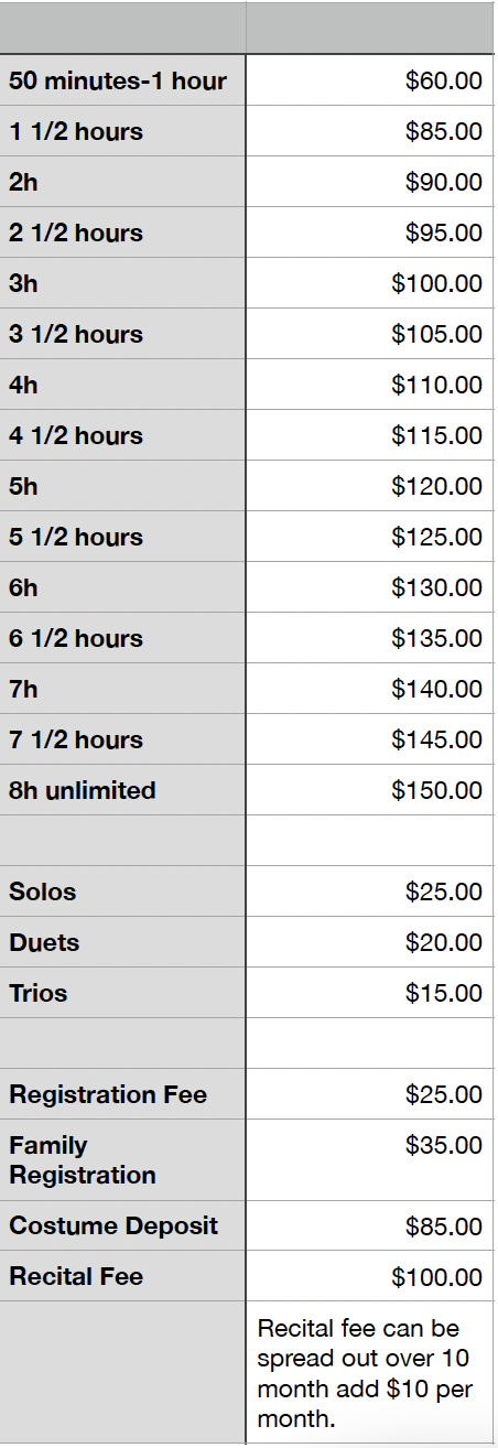 Studio Rates & Guidelines — Patty Flowerday School of Dance