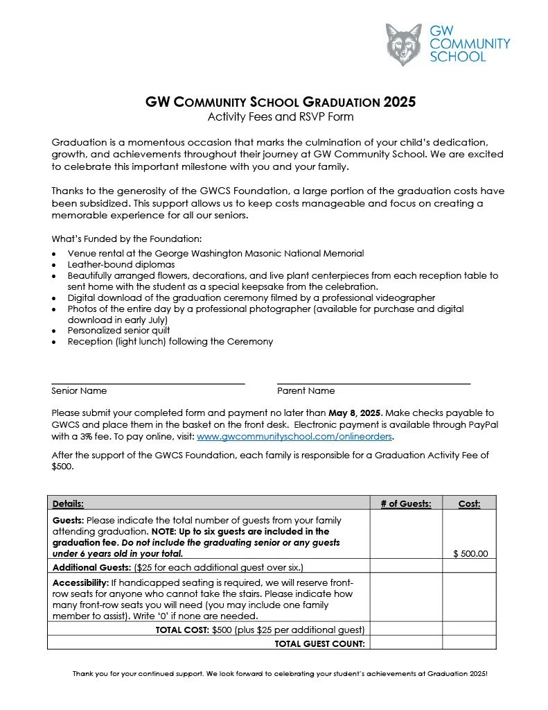 2025 GWCS Graduation Activity Fee Payment — GW Community School