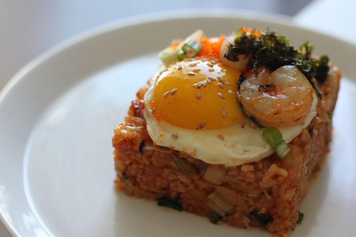 kimchi shrimp fried ricet-square in the kitchen