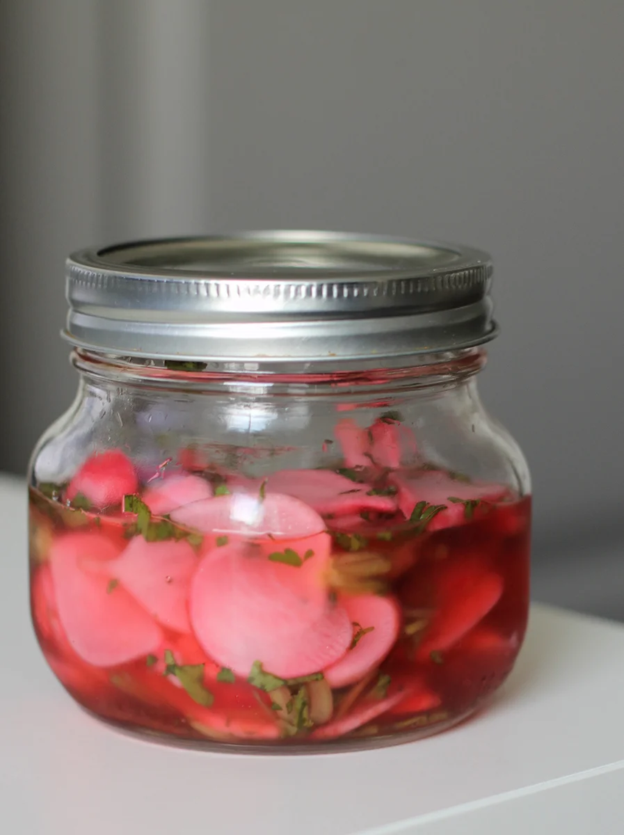 pickled red radisht-square in the kitchen