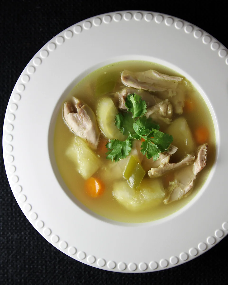 yuca (cassava) chicken soupt-square in the kitchen