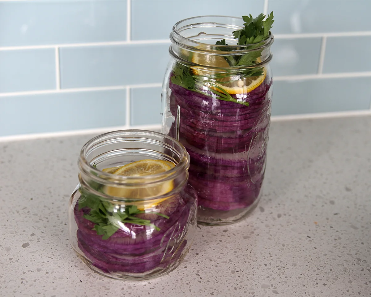 purple radish picklet-square in the kitchen