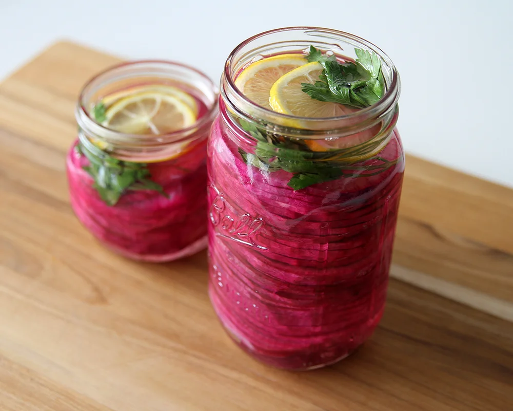purple radish picklet-square in the kitchen