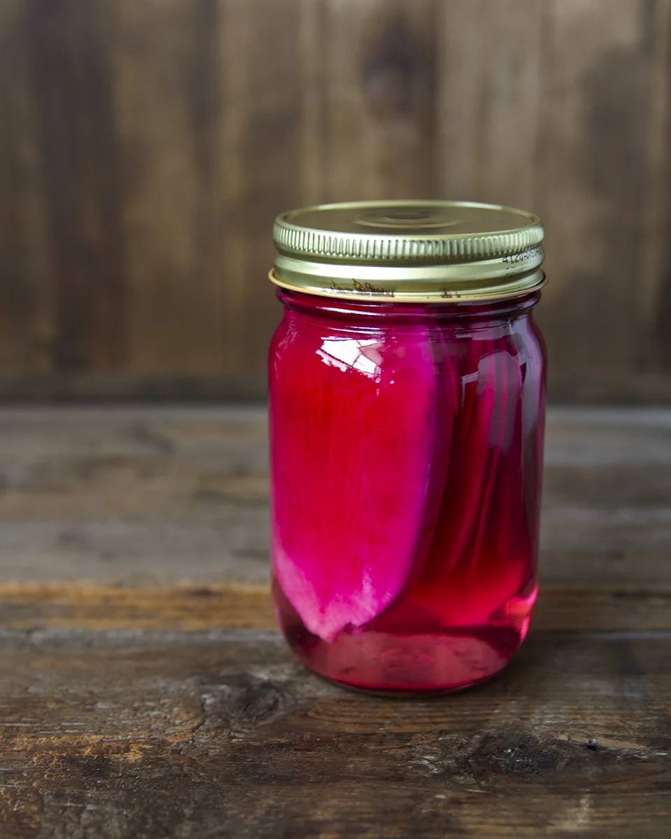 purple radish picklet-square in the kitchen