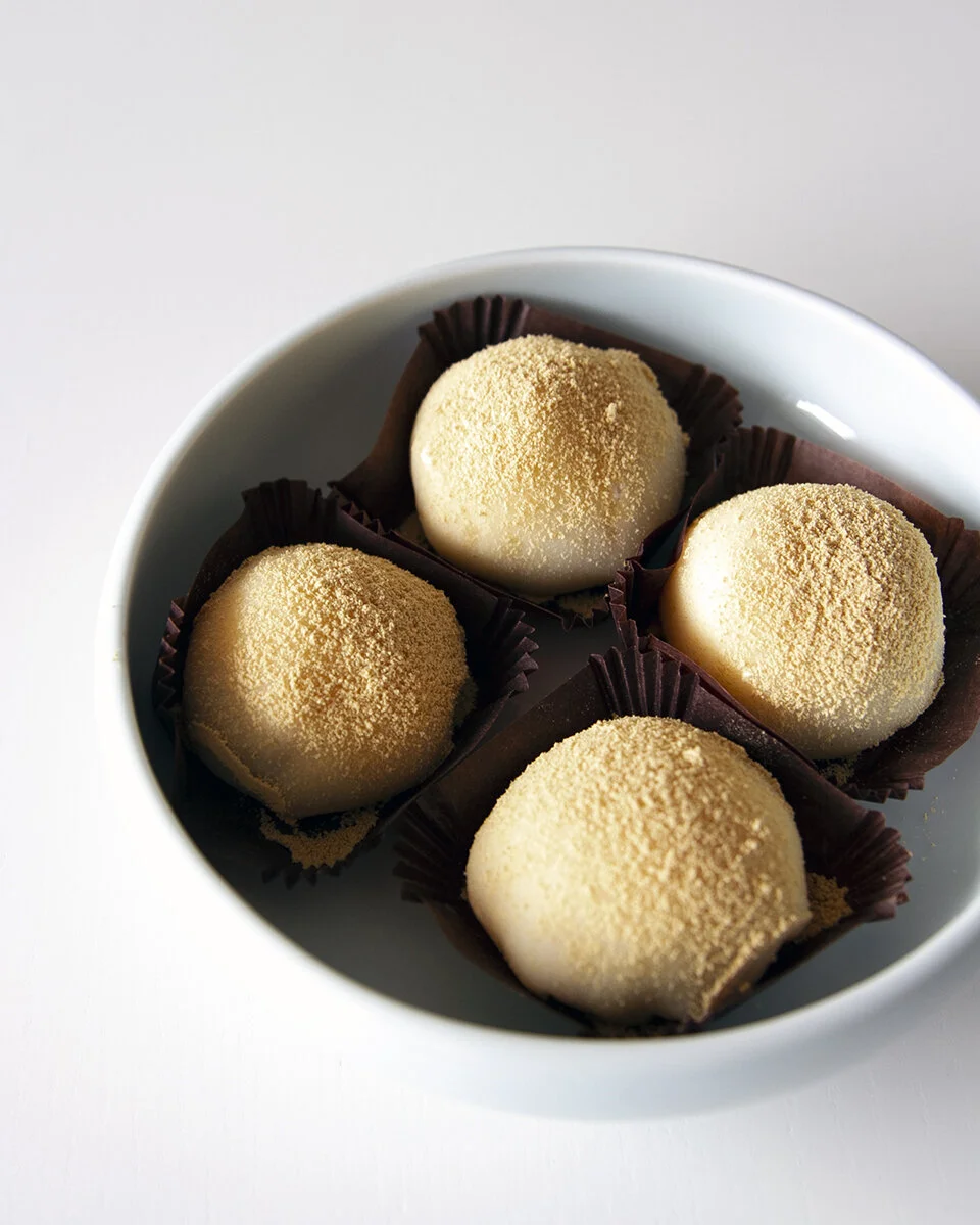 cream & red bean rice caket-square in the kitchen