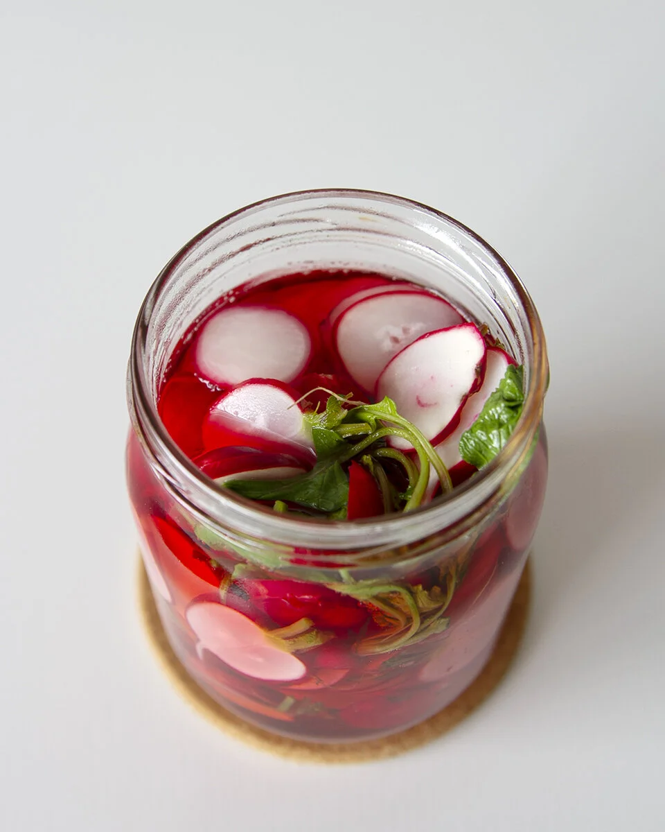 red radish picklet-square in the kitchen