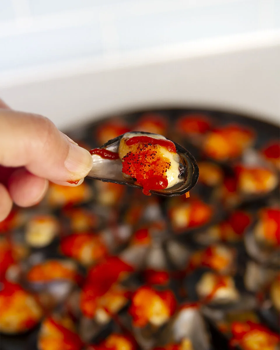 roasted mussels w/ mayo, capelin roe & srirachat-square in the kitchen