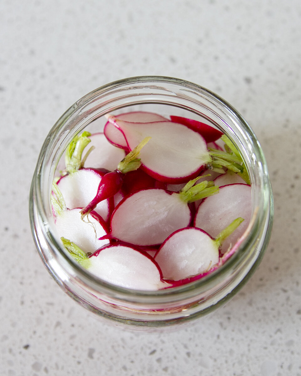 red radish picklet-square in the kitchen