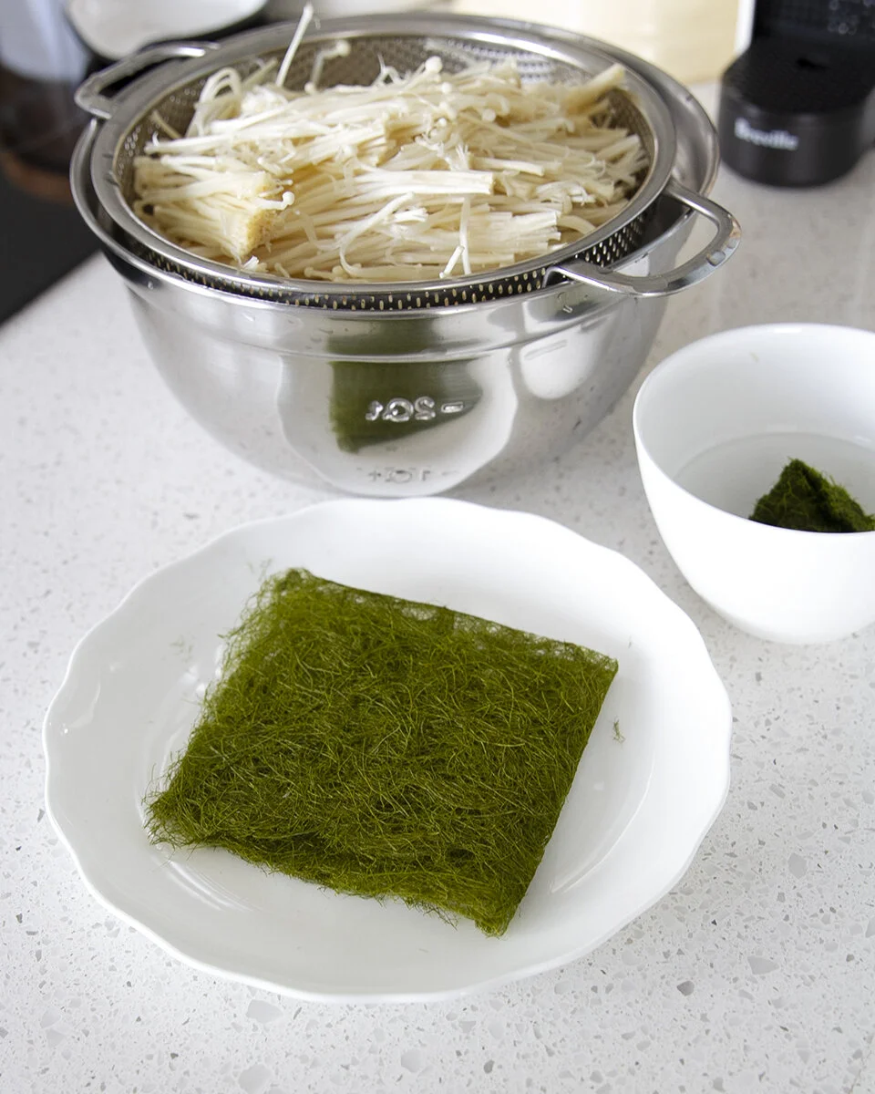 gamtae (ecklonia) enoki mushroom pastat-square in the kitchen