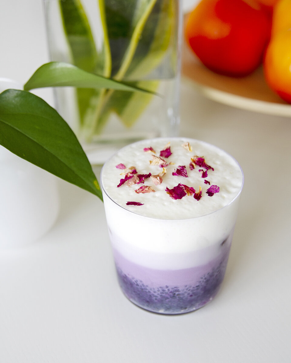 iced ube (purple yam) latte w/ basil seedst-square in the kitchen