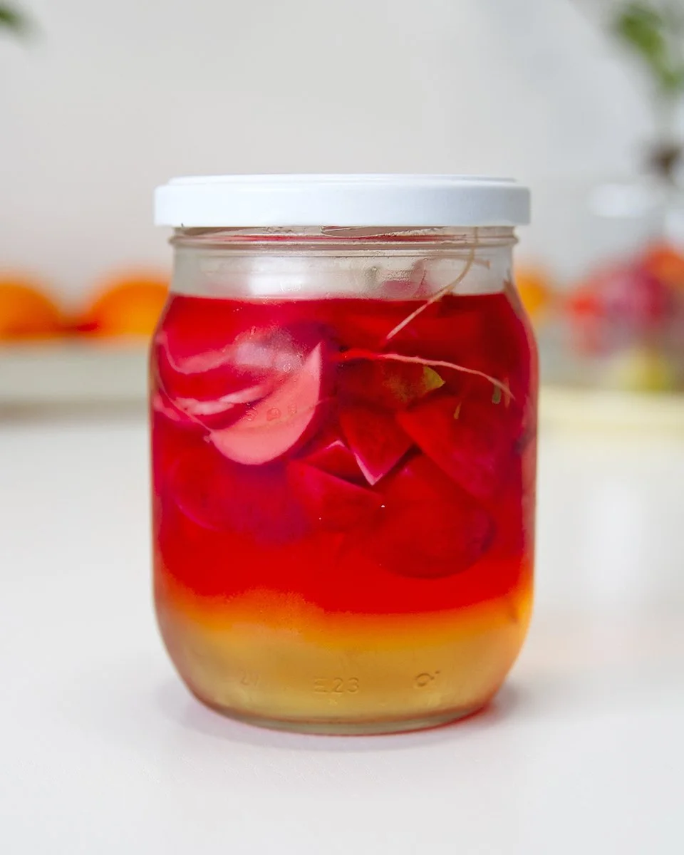 red radish picklet-square in the kitchen